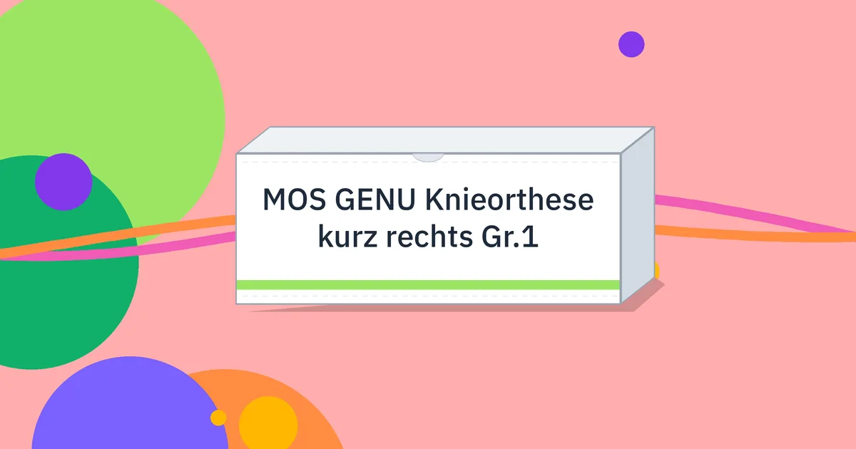 Symbolbild: Packung mit der Aufschrift MOS GENU Knieorthese kurz rechts Gr.1 (PZN 03141675) – Verfügbarkeit und Bezug in Apotheken in Frankfurt am Main