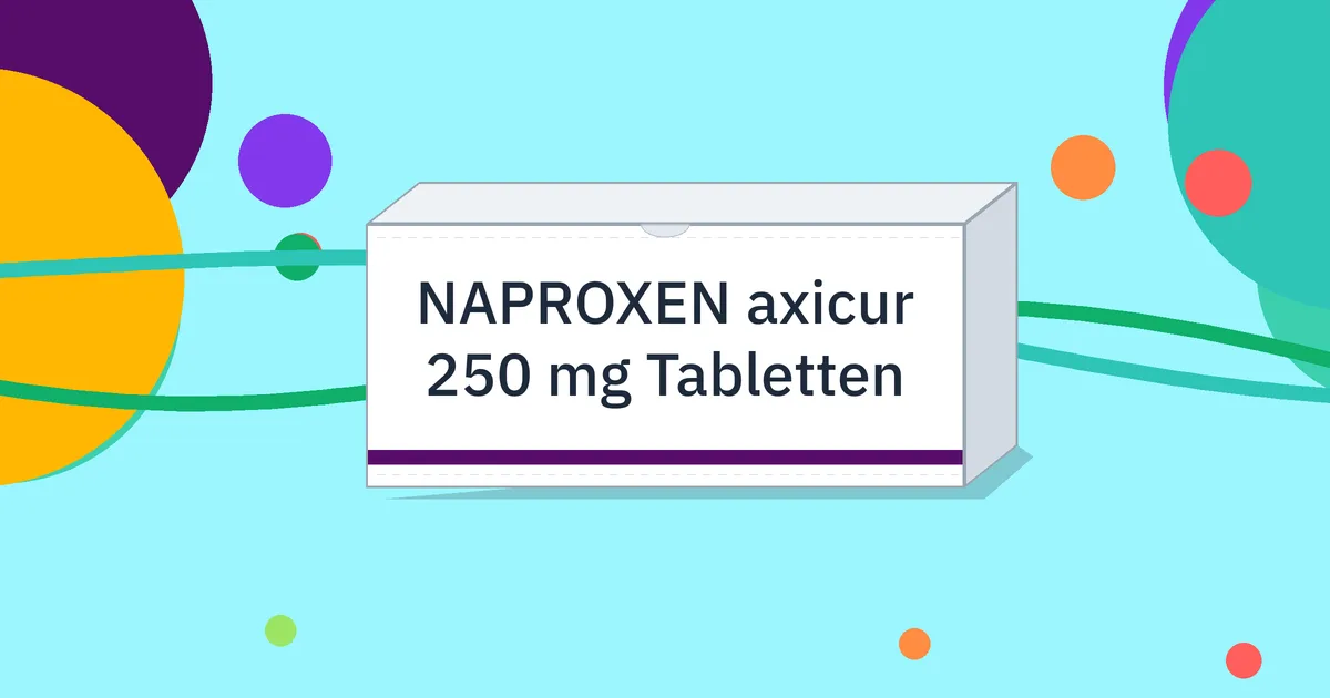 Symbolbild: Packung mit der Aufschrift NAPROXEN axicur 250 mg Tabletten (PZN 14412114) – Verfügbarkeit und Bezug in Apotheken in Frankfurt am Main