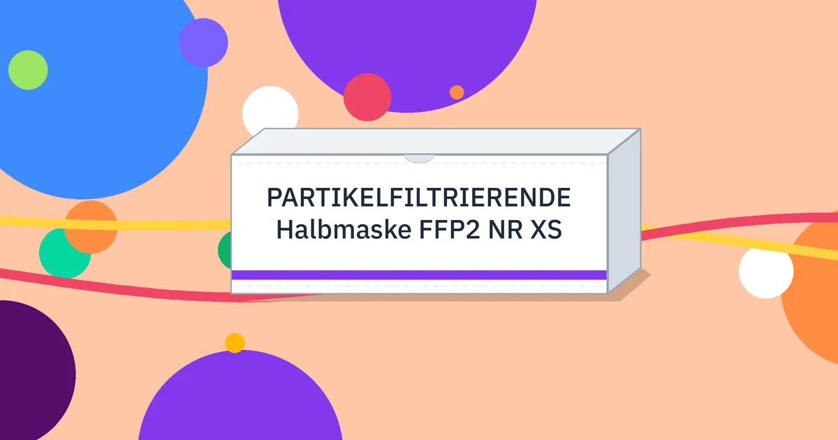 Symbolbild: Packung mit der Aufschrift PARTIKELFILTRIERENDE Halbmaske FFP2 NR XS (PZN 17307085) – Verfügbarkeit und Bezug in Apotheken in Frankfurt am Main