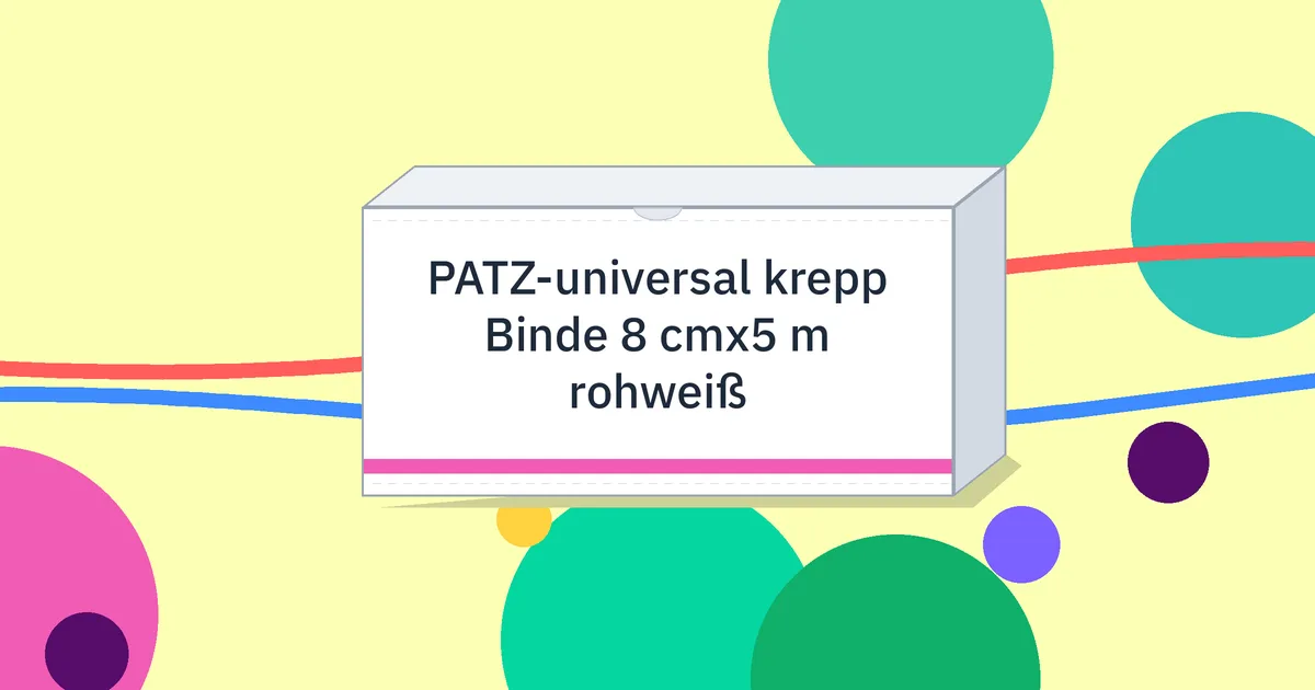 Symbolbild: Packung mit der Aufschrift PATZ-universal krepp Binde 8 cmx5 m rohweiß (PZN 06813827) – Verfügbarkeit und Bezug in Apotheken in Frankfurt am Main