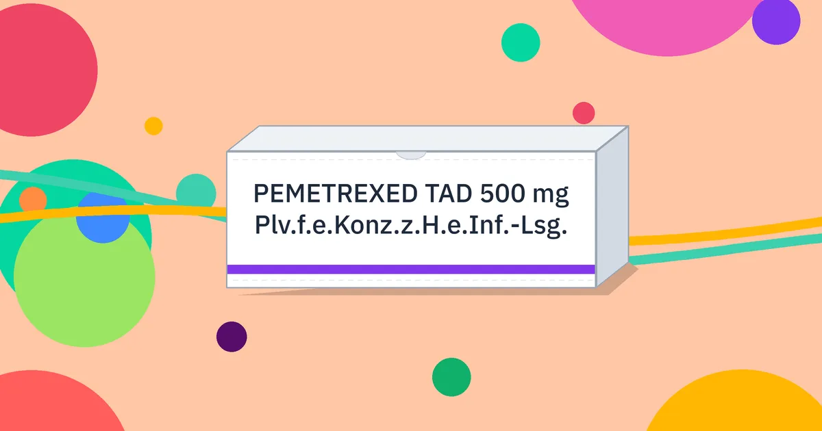 Symbolbild: Packung mit der Aufschrift PEMETREXED TAD 500 mg Plv.f.e.Konz.z.H.e.Inf.-Lsg. (PZN 16887979) – Verfügbarkeit und Bezug in Apotheken in Frankfurt am Main