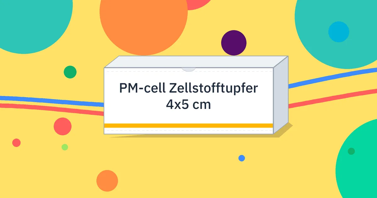 Symbolbild: Packung mit der Aufschrift PM-cell Zellstofftupfer 4x5 cm (PZN 18845695) – Verfügbarkeit und Bezug in Apotheken in Frankfurt am Main