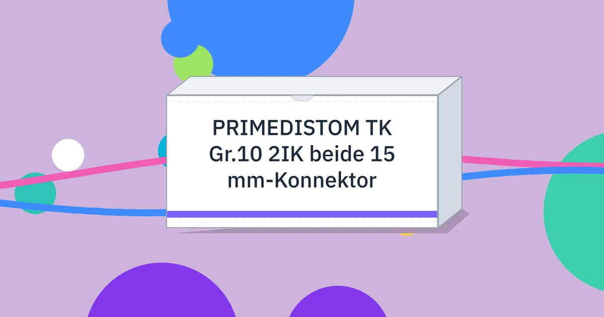 Symbolbild: Packung mit der Aufschrift PRIMEDISTOM TK Gr.10 2IK beide 15 mm-Konnektor (PZN 10209712) – Verfügbarkeit und Bezug in Apotheken in Frankfurt am Main