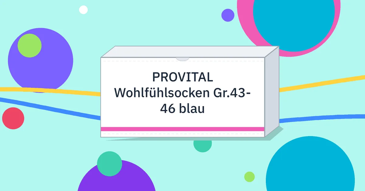 Symbolbild: Packung mit der Aufschrift PROVITAL Wohlfühlsocken Gr.43-46 blau (PZN 20796840) – Verfügbarkeit und Bezug in Apotheken in Frankfurt am Main
