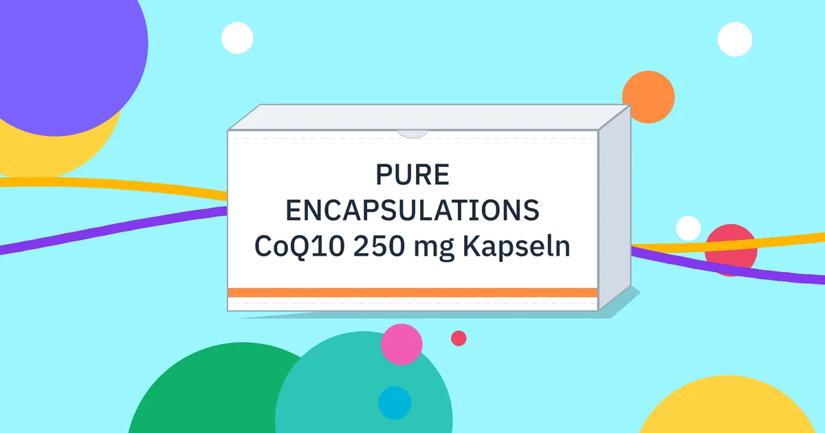 Symbolbild: Packung mit der Aufschrift PURE ENCAPSULATIONS CoQ10 250 mg Kapseln (PZN 00064684) – Verfügbarkeit und Bezug in Apotheken in Frankfurt am Main