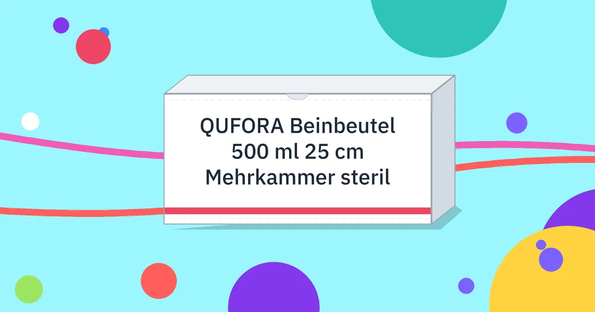 Symbolbild: Packung mit der Aufschrift QUFORA Beinbeutel 500 ml 25 cm Mehrkammer steril (PZN 02292900) – Verfügbarkeit und Bezug in Apotheken in Frankfurt am Main
