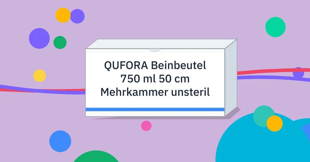 Symbolbild: Packung mit der Aufschrift QUFORA Beinbeutel 750 ml 50 cm Mehrkammer unsteril (PZN 02292751) – Verfügbarkeit und Bezug in Apotheken in Frankfurt am Main