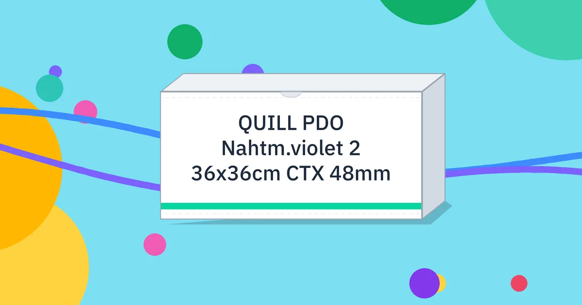 Symbolbild: Packung mit der Aufschrift QUILL PDO Nahtm.violet 2 36x36cm CTX 48mm (PZN 17989682) – Verfügbarkeit und Bezug in Apotheken in Frankfurt am Main