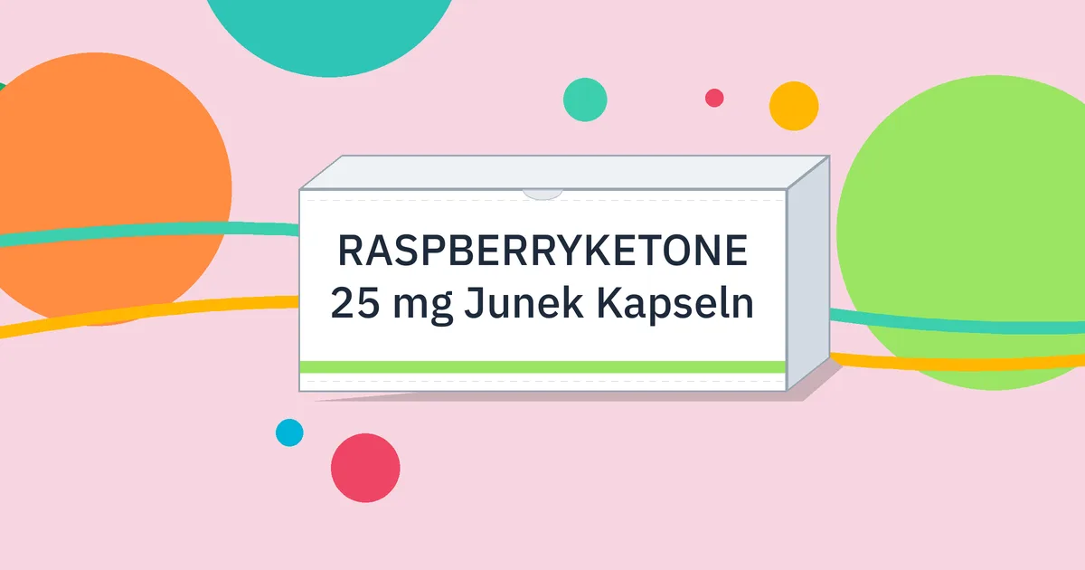 Symbolbild: Packung mit der Aufschrift RASPBERRYKETONE 25 mg Junek Kapseln (PZN 10977291) – Verfügbarkeit und Bezug in Apotheken in Frankfurt am Main