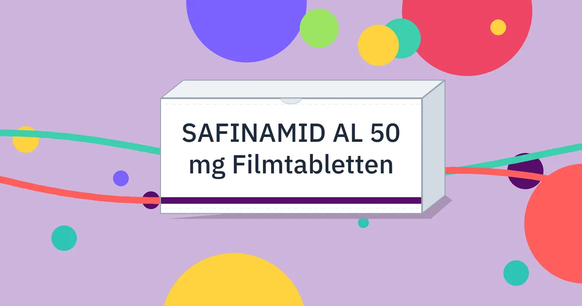 Symbolbild: Packung mit der Aufschrift SAFINAMID AL 50 mg Filmtabletten (PZN 19770108) – Verfügbarkeit und Bezug in Apotheken in Frankfurt am Main