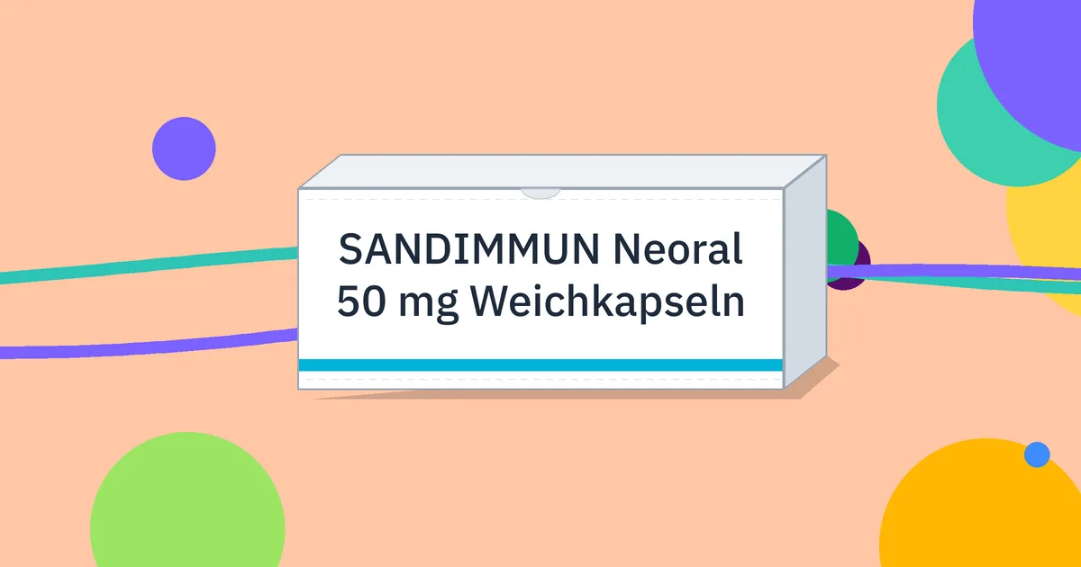 Symbolbild: Packung mit der Aufschrift SANDIMMUN Neoral 50 mg Weichkapseln (PZN 08763921) – Verfügbarkeit und Bezug in Apotheken in Frankfurt am Main