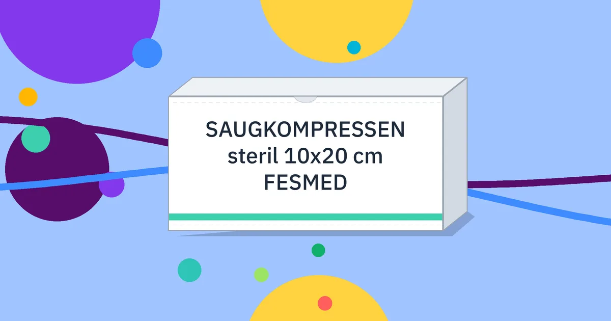 Symbolbild: Packung mit der Aufschrift SAUGKOMPRESSEN steril 10x20 cm FESMED (PZN 20419847) – Verfügbarkeit und Bezug in Apotheken in Frankfurt am Main