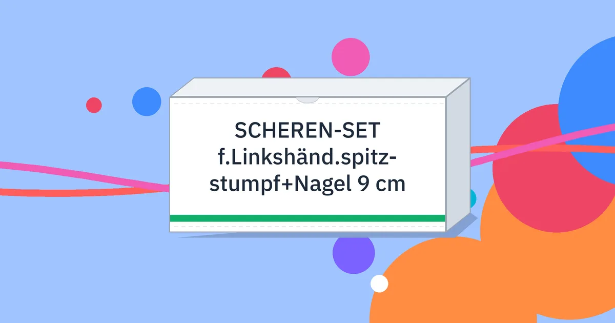 Symbolbild: Packung mit der Aufschrift SCHEREN-SET f.Linkshänd.spitz-stumpf+Nagel 9 cm (PZN 10932615) – Verfügbarkeit und Bezug in Apotheken in Frankfurt am Main