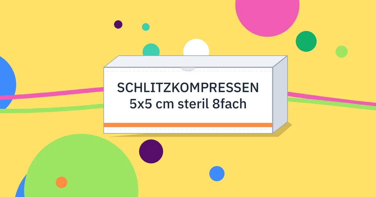 Symbolbild: Packung mit der Aufschrift SCHLITZKOMPRESSEN 5x5 cm steril 8fach (PZN 01023345) – Verfügbarkeit und Bezug in Apotheken in Frankfurt am Main
