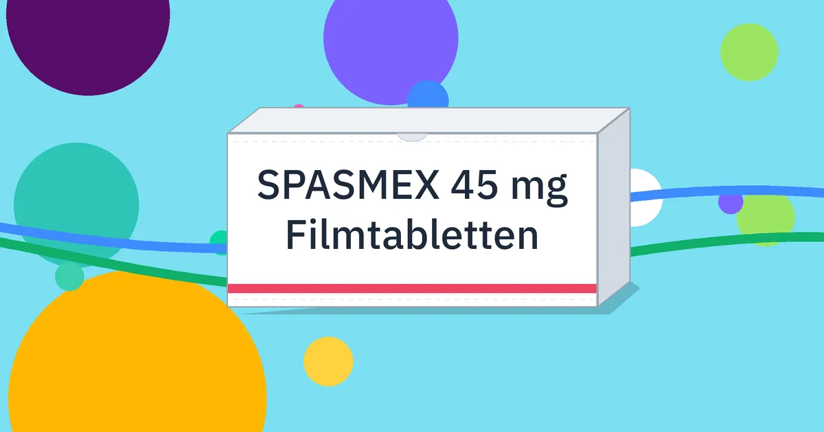 Symbolbild: Packung mit der Aufschrift SPASMEX 45 mg Filmtabletten (PZN 10088941) – Verfügbarkeit und Bezug in Apotheken in Frankfurt am Main
