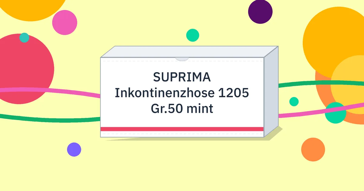 Symbolbild: Packung mit der Aufschrift SUPRIMA Inkontinenzhose 1205 Gr.50 mint (PZN 07631502) – Verfügbarkeit und Bezug in Apotheken in Frankfurt am Main