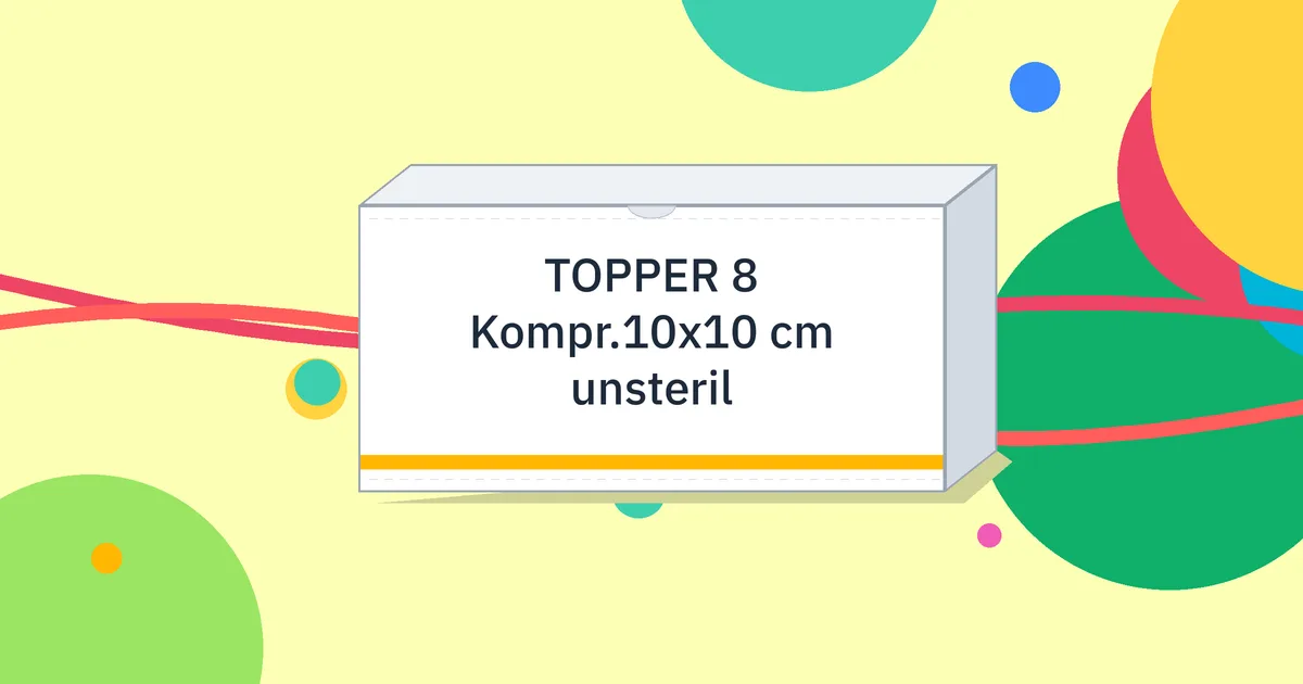 Symbolbild: Packung mit der Aufschrift TOPPER 8 Kompr.10x10 cm unsteril (PZN 11184747) – Verfügbarkeit und Bezug in Apotheken in Frankfurt am Main