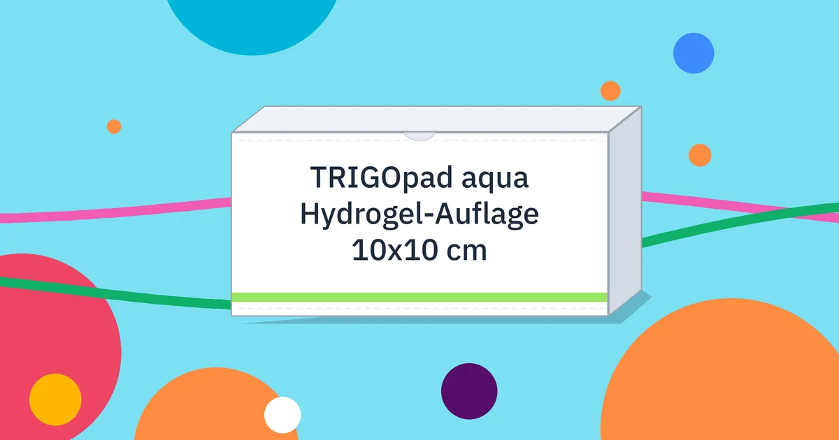 Symbolbild: Packung mit der Aufschrift TRIGOpad aqua Hydrogel-Auflage 10x10 cm (PZN 09945423) – Verfügbarkeit und Bezug in Apotheken in Frankfurt am Main