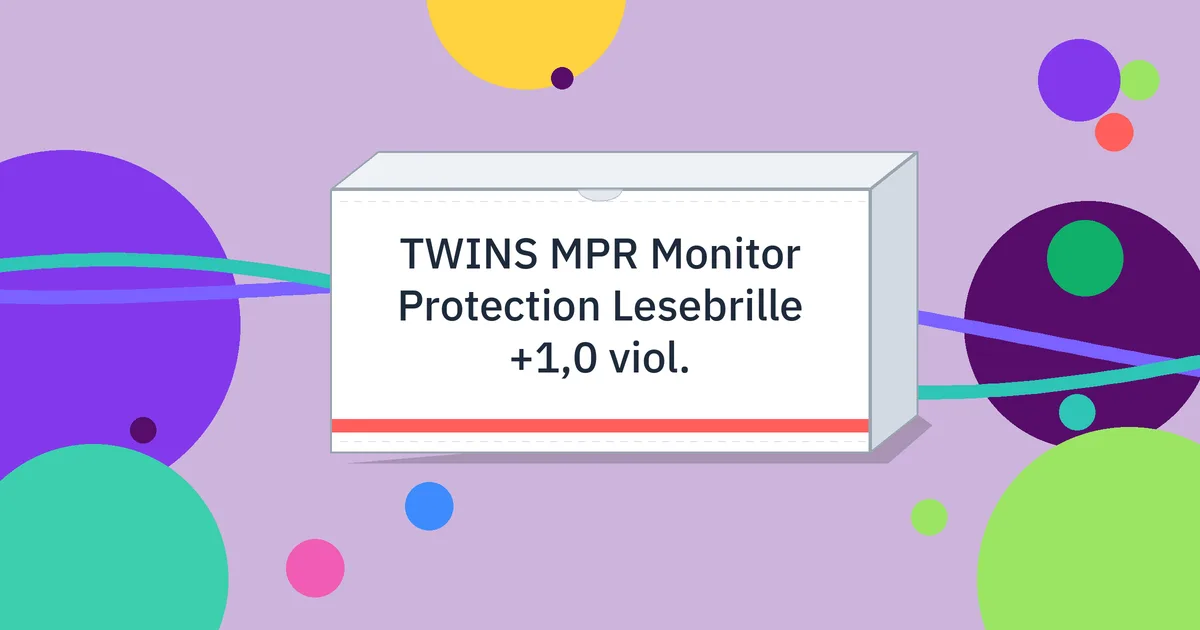 Symbolbild: Packung mit der Aufschrift TWINS MPR Monitor Protection Lesebrille +1,0 viol. (PZN 13344497) – Verfügbarkeit und Bezug in Apotheken in Frankfurt am Main