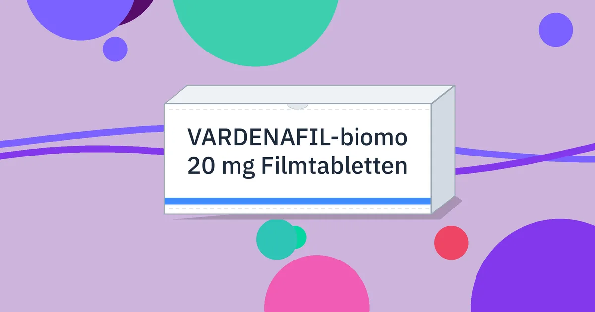Symbolbild: Packung mit der Aufschrift VARDENAFIL-biomo 20 mg Filmtabletten (PZN 14413272) – Verfügbarkeit und Bezug in Apotheken in Frankfurt am Main