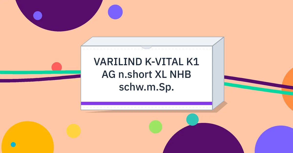 Symbolbild: Packung mit der Aufschrift VARILIND K-VITAL K1 AG n.short XL NHB schw.m.Sp. (PZN 20563449) – Verfügbarkeit und Bezug in Apotheken in Frankfurt am Main