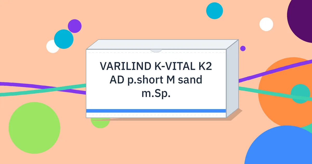 Symbolbild: Packung mit der Aufschrift VARILIND K-VITAL K2 AD p.short M sand m.Sp. (PZN 20567447) – Verfügbarkeit und Bezug in Apotheken in Frankfurt am Main