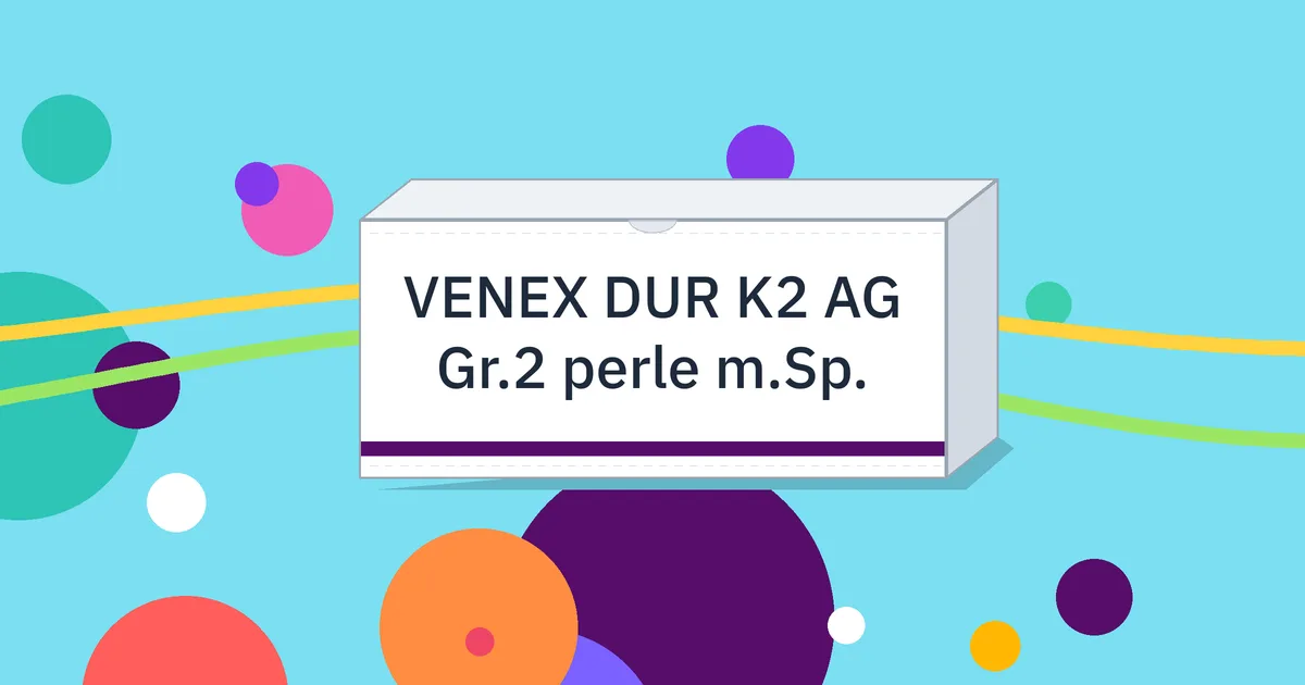Symbolbild: Packung mit der Aufschrift VENEX DUR K2 AG Gr.2 perle m.Sp. (PZN 03213423) – Verfügbarkeit und Bezug in Apotheken in Frankfurt am Main
