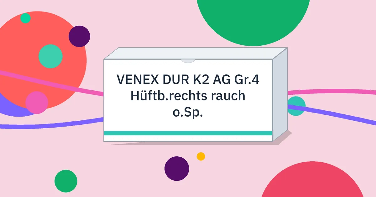 Symbolbild: Packung mit der Aufschrift VENEX DUR K2 AG Gr.4 Hüftb.rechts rauch o.Sp. (PZN 03231639) – Verfügbarkeit und Bezug in Apotheken in Frankfurt am Main