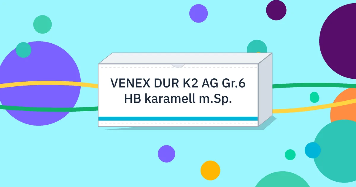 Symbolbild: Packung mit der Aufschrift VENEX DUR K2 AG Gr.6 HB karamell m.Sp. (PZN 13757756) – Verfügbarkeit und Bezug in Apotheken in Frankfurt am Main