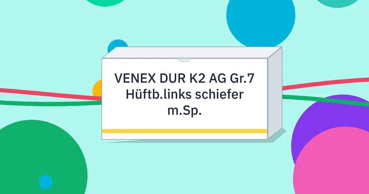 Symbolbild: Packung mit der Aufschrift VENEX DUR K2 AG Gr.7 Hüftb.links schiefer m.Sp. (PZN 03227299) – Verfügbarkeit und Bezug in Apotheken in Frankfurt am Main