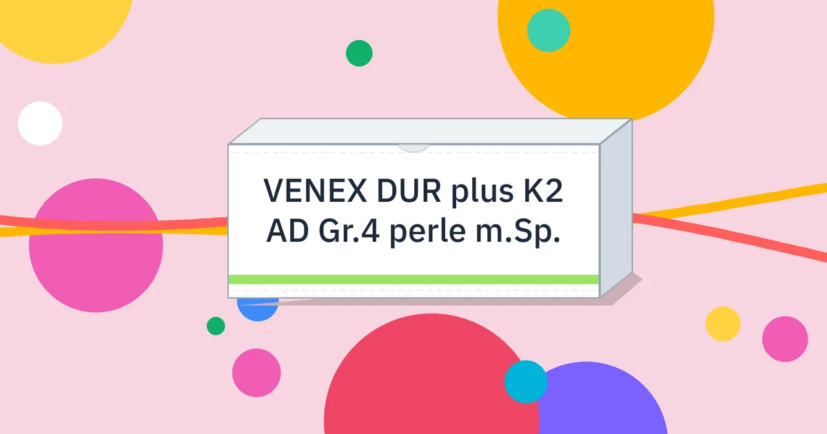 Symbolbild: Packung mit der Aufschrift VENEX DUR plus K2 AD Gr.4 perle m.Sp. (PZN 03233213) – Verfügbarkeit und Bezug in Apotheken in Frankfurt am Main