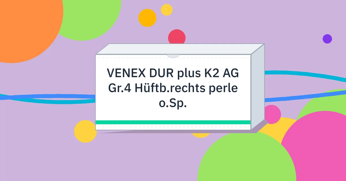 Symbolbild: Packung mit der Aufschrift VENEX DUR plus K2 AG Gr.4 Hüftb.rechts perle o.Sp. (PZN 03240472) – Verfügbarkeit und Bezug in Apotheken in Frankfurt am Main