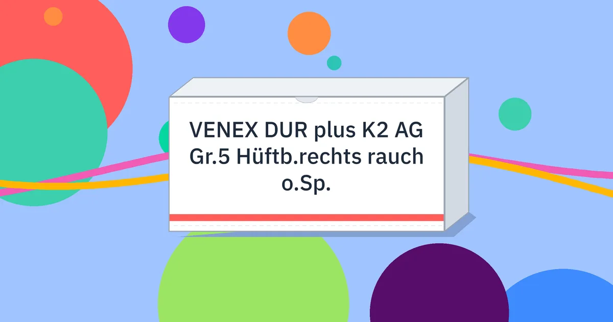 Symbolbild: Packung mit der Aufschrift VENEX DUR plus K2 AG Gr.5 Hüftb.rechts rauch o.Sp. (PZN 03239782) – Verfügbarkeit und Bezug in Apotheken in Frankfurt am Main