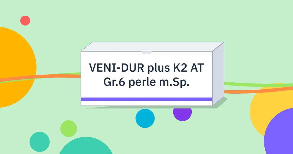 Symbolbild: Packung mit der Aufschrift VENI-DUR plus K2 AT Gr.6 perle m.Sp. (PZN 03255309) – Verfügbarkeit und Bezug in Apotheken in Frankfurt am Main