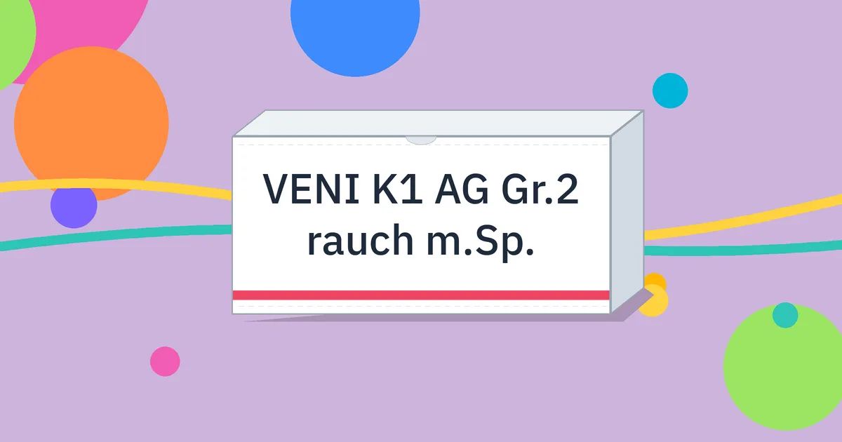 Symbolbild: Packung mit der Aufschrift VENI K1 AG Gr.2 rauch m.Sp. (PZN 08677239) – Verfügbarkeit und Bezug in Apotheken in Frankfurt am Main