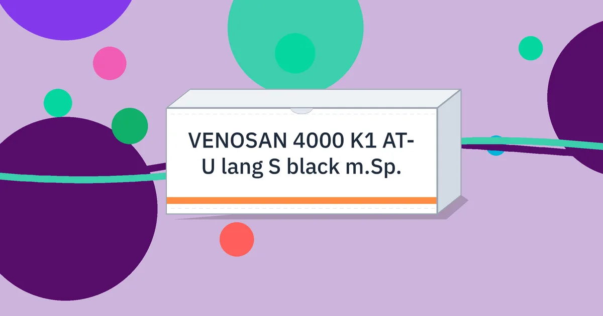 Symbolbild: Packung mit der Aufschrift VENOSAN 4000 K1 AT-U lang S black m.Sp. (PZN 14426754) – Verfügbarkeit und Bezug in Apotheken in Frankfurt am Main