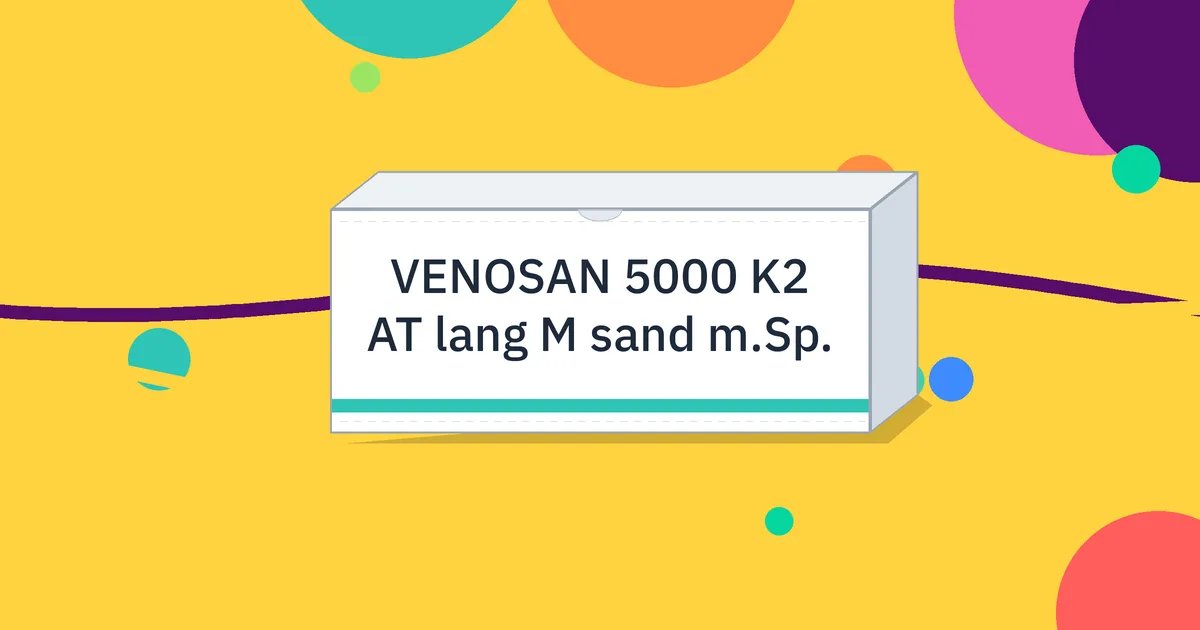 Symbolbild: Packung mit der Aufschrift VENOSAN 5000 K2 AT lang M sand m.Sp. (PZN 14428687) – Verfügbarkeit und Bezug in Apotheken in Frankfurt am Main