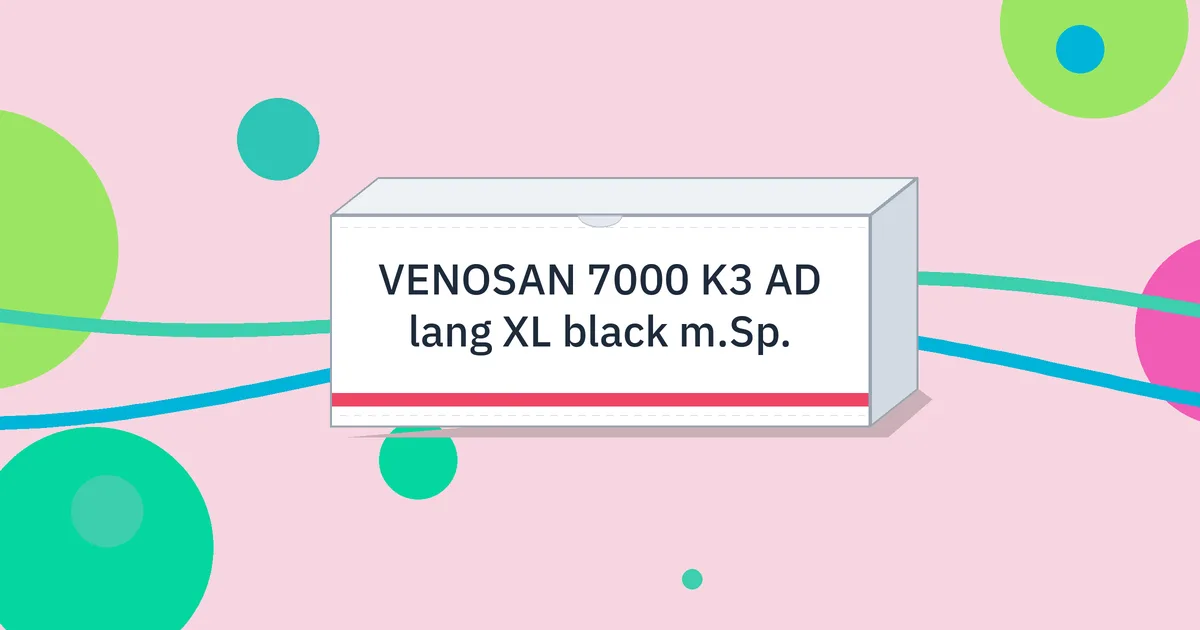 Symbolbild: Packung mit der Aufschrift VENOSAN 7000 K3 AD lang XL black m.Sp. (PZN 14436155) – Verfügbarkeit und Bezug in Apotheken in Frankfurt am Main