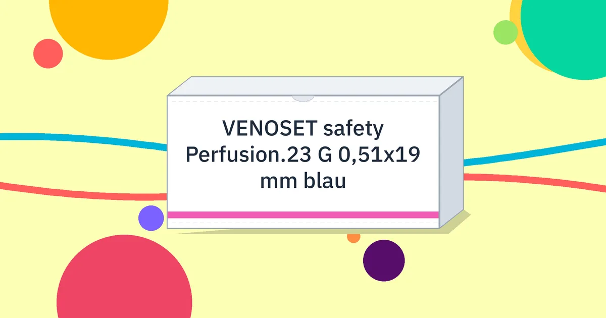 Symbolbild: Packung mit der Aufschrift VENOSET safety Perfusion.23 G 0,51x19 mm blau (PZN 13846997) – Verfügbarkeit und Bezug in Apotheken in Frankfurt am Main