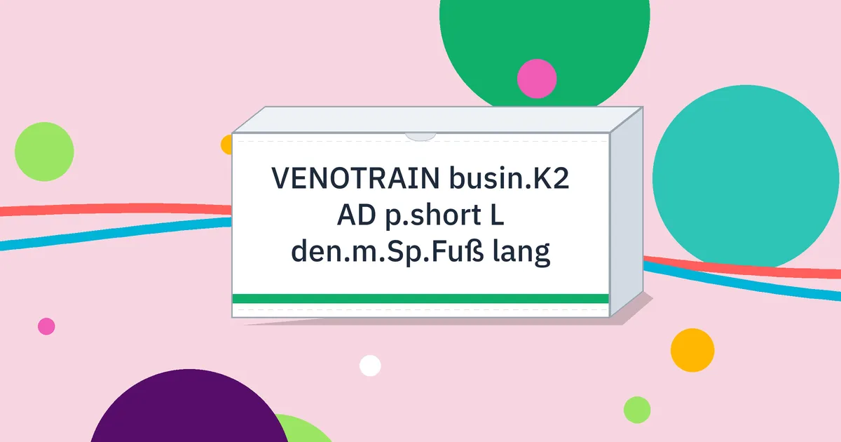 Symbolbild: Packung mit der Aufschrift VENOTRAIN busin.K2 AD p.short L den.m.Sp.Fuß lang (PZN 19057043) – Verfügbarkeit und Bezug in Apotheken in Frankfurt am Main