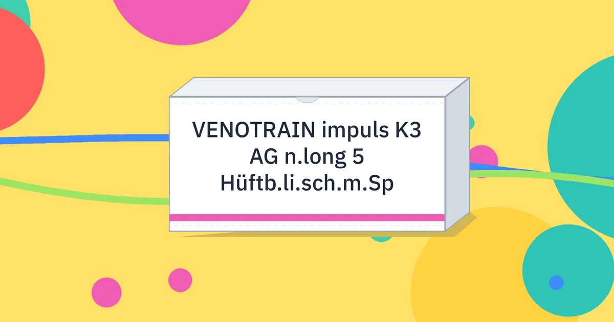 Symbolbild: Packung mit der Aufschrift VENOTRAIN impuls K3 AG n.long 5 Hüftb.li.sch.m.Sp (PZN 10295657) – Verfügbarkeit und Bezug in Apotheken in Frankfurt am Main
