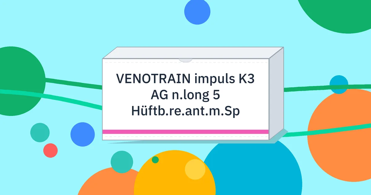 Symbolbild: Packung mit der Aufschrift VENOTRAIN impuls K3 AG n.long 5 Hüftb.re.ant.m.Sp (PZN 15218242) – Verfügbarkeit und Bezug in Apotheken in Frankfurt am Main