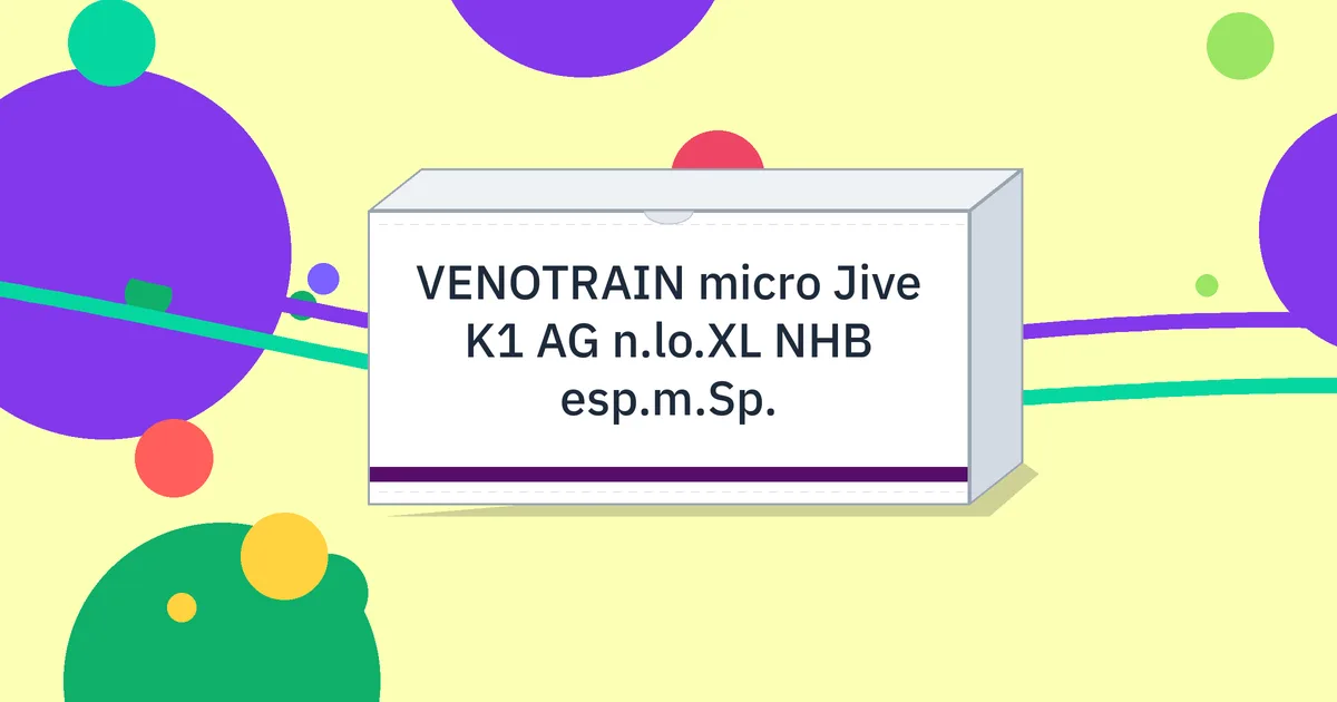 Symbolbild: Packung mit der Aufschrift VENOTRAIN micro Jive K1 AG n.lo.XL NHB esp.m.Sp. (PZN 17765758) – Verfügbarkeit und Bezug in Apotheken in Frankfurt am Main