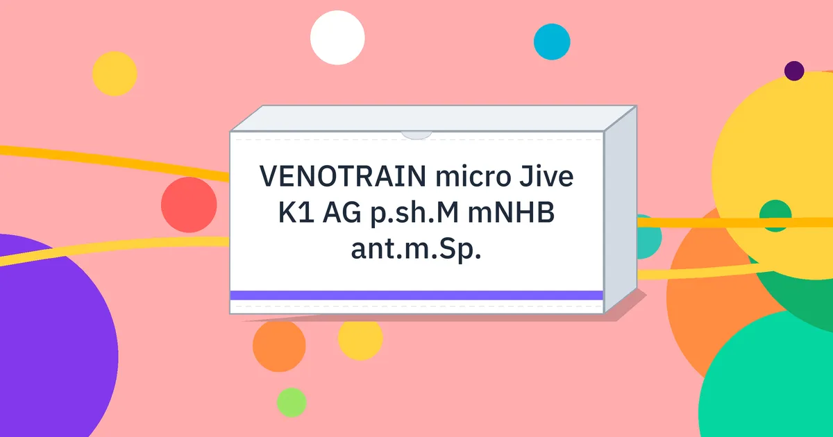 Symbolbild: Packung mit der Aufschrift VENOTRAIN micro Jive K1 AG p.sh.M mNHB ant.m.Sp. (PZN 17761080) – Verfügbarkeit und Bezug in Apotheken in Frankfurt am Main