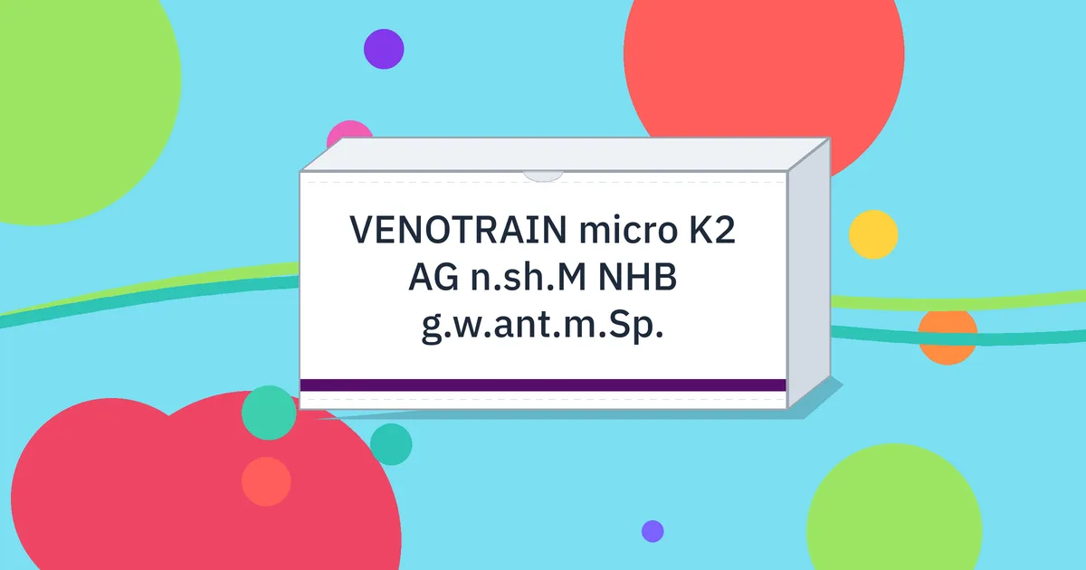 Symbolbild: Packung mit der Aufschrift VENOTRAIN micro K2 AG n.sh.M NHB g.w.ant.m.Sp. (PZN 11064799) – Verfügbarkeit und Bezug in Apotheken in Frankfurt am Main