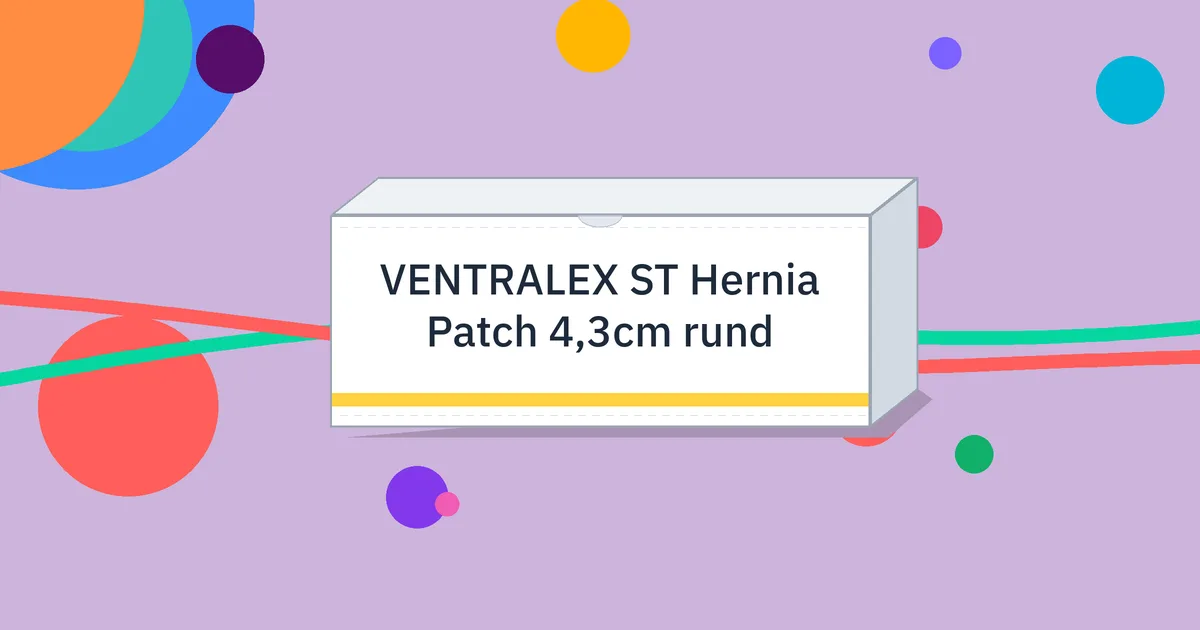 Symbolbild: Packung mit der Aufschrift VENTRALEX ST Hernia Patch 4,3cm rund (PZN 09485039) – Verfügbarkeit und Bezug in Apotheken in Frankfurt am Main