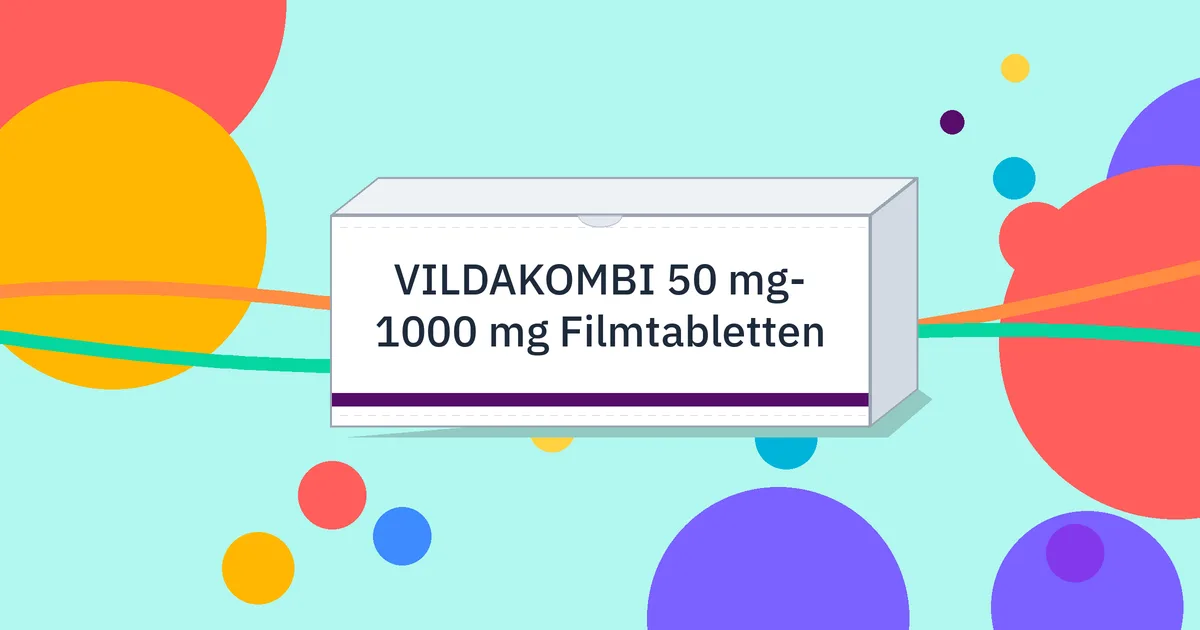 Symbolbild: Packung mit der Aufschrift VILDAKOMBI 50 mg-1000 mg Filmtabletten (PZN 18112544) – Verfügbarkeit und Bezug in Apotheken in Frankfurt am Main