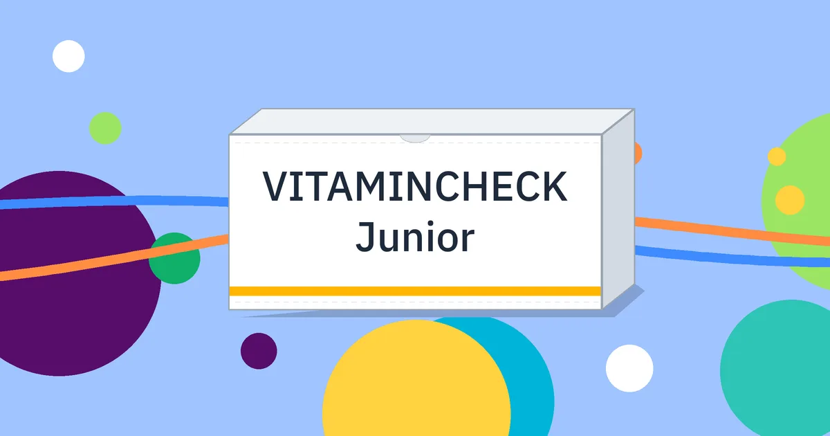 Symbolbild: Packung mit der Aufschrift VITAMINCHECK Junior (PZN 09542056) – Verfügbarkeit und Bezug in Apotheken in Frankfurt am Main