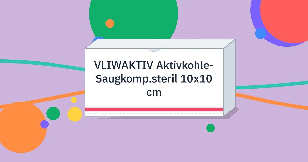 Symbolbild: Packung mit der Aufschrift VLIWAKTIV Aktivkohle-Saugkomp.steril 10x10 cm (PZN 15660110) – Verfügbarkeit und Bezug in Apotheken in Frankfurt am Main