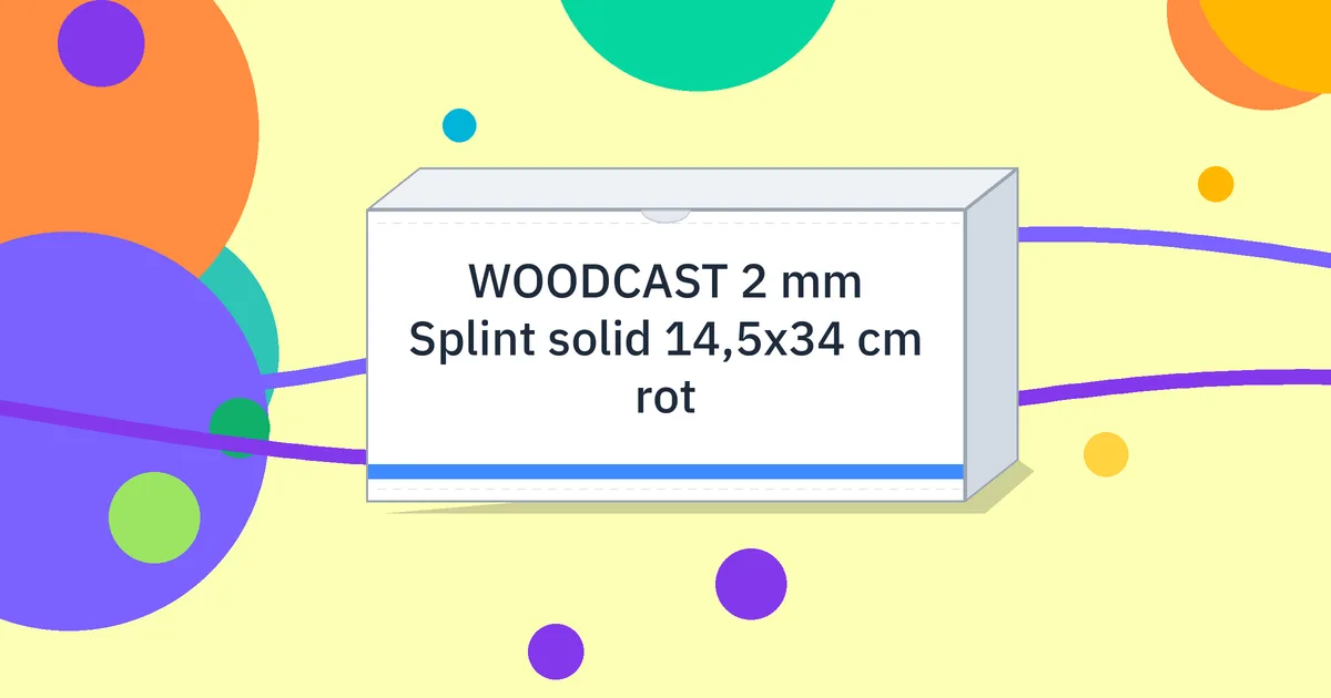 Symbolbild: Packung mit der Aufschrift WOODCAST 2 mm Splint solid 14,5x34 cm rot (PZN 11598839) – Verfügbarkeit und Bezug in Apotheken in Frankfurt am Main
